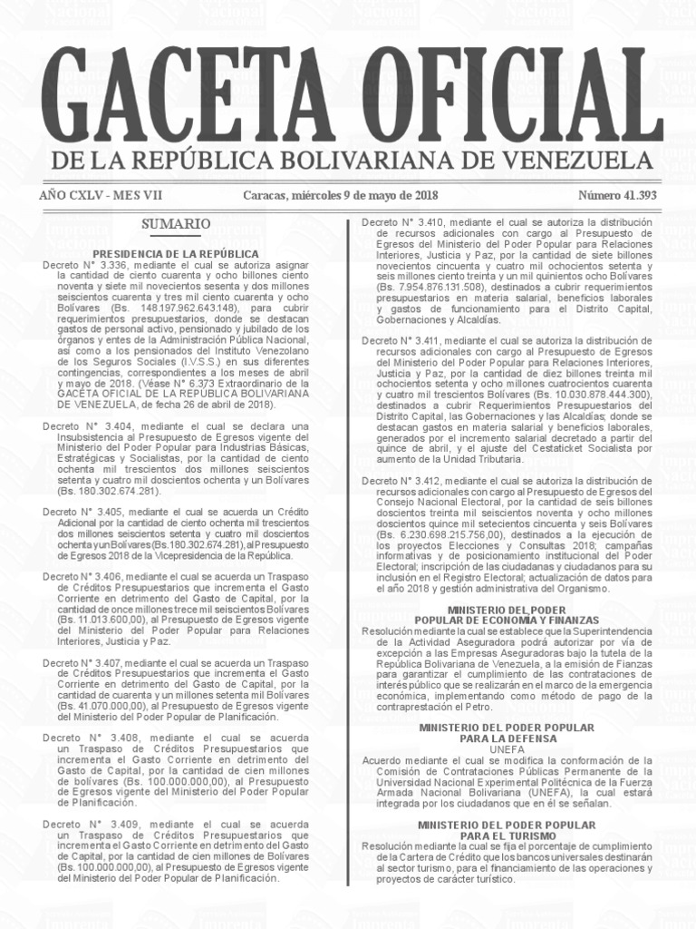 Gaceta 41.393 09may18 | PDF | Venezuela | Presupuesto