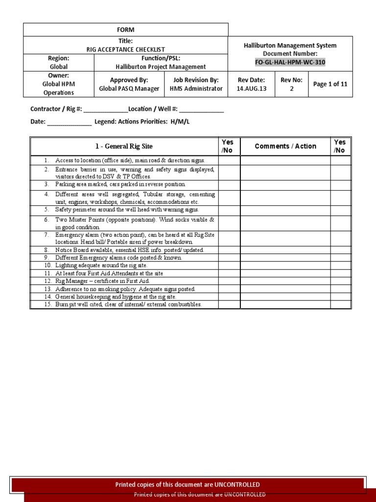 Format Rig Acceptance Checlist (FO-GL-HAL-HPM-WC-310 | PDF ...