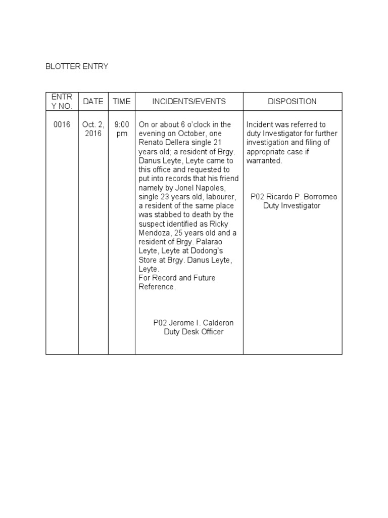 Blotter Entry Sample | PDF Blotter Entry Sample | PDF
