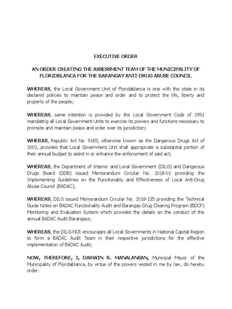 Executive Order Assessment Team Badac | PDF | Local Government ...