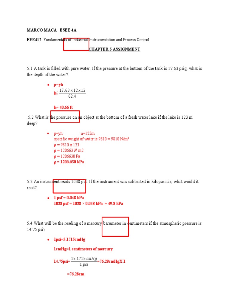 Chapter 5 Assignment: Solutions to Problems Involving Fluid Pressure, Density, Force, and Depth ...
