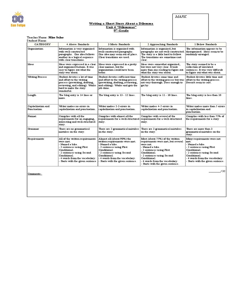 9th Grade - Writing A Short Story About A Dilemma - Rubric | PDF ...