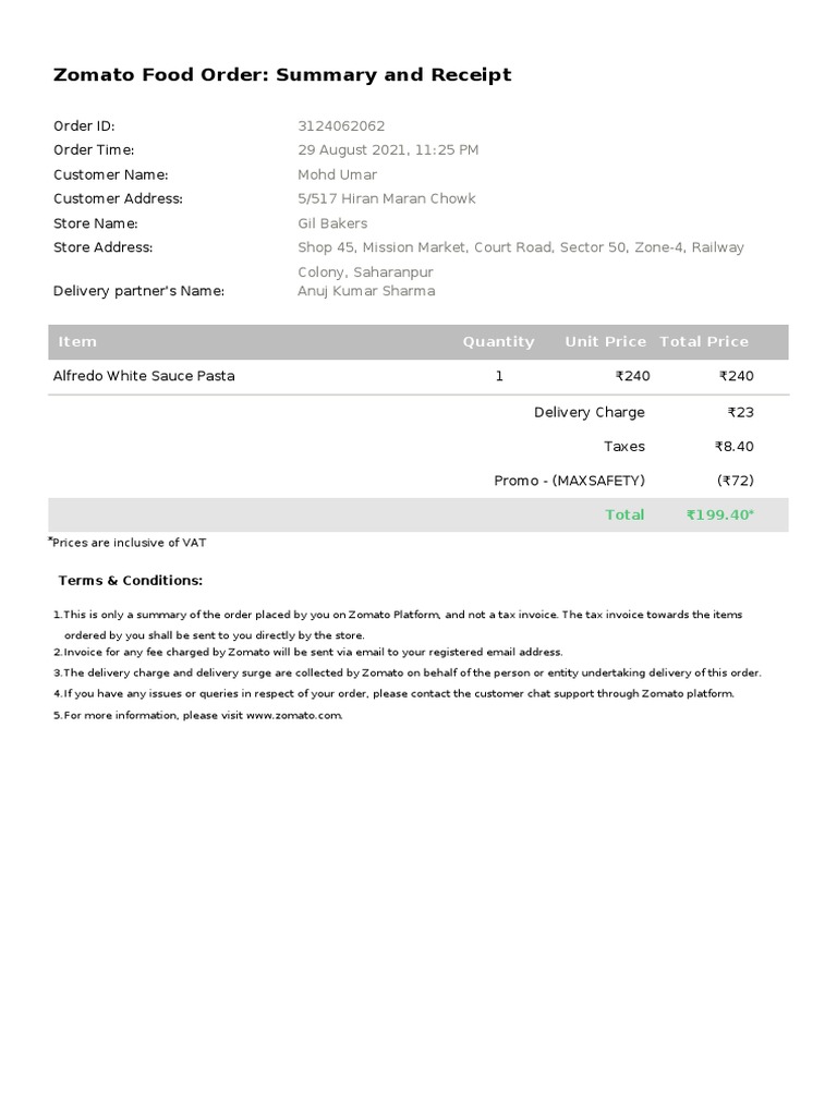 Zomato Food Order: Summary and Receipt | PDF | Invoice | Receipt