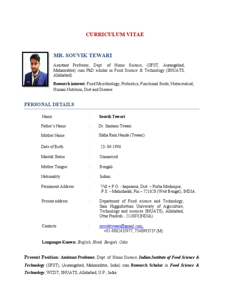 Mr. Souvik Tewari Souvik Tewari: Curriculum Vitae Curriculum Vitae | PDF | Books | Foods