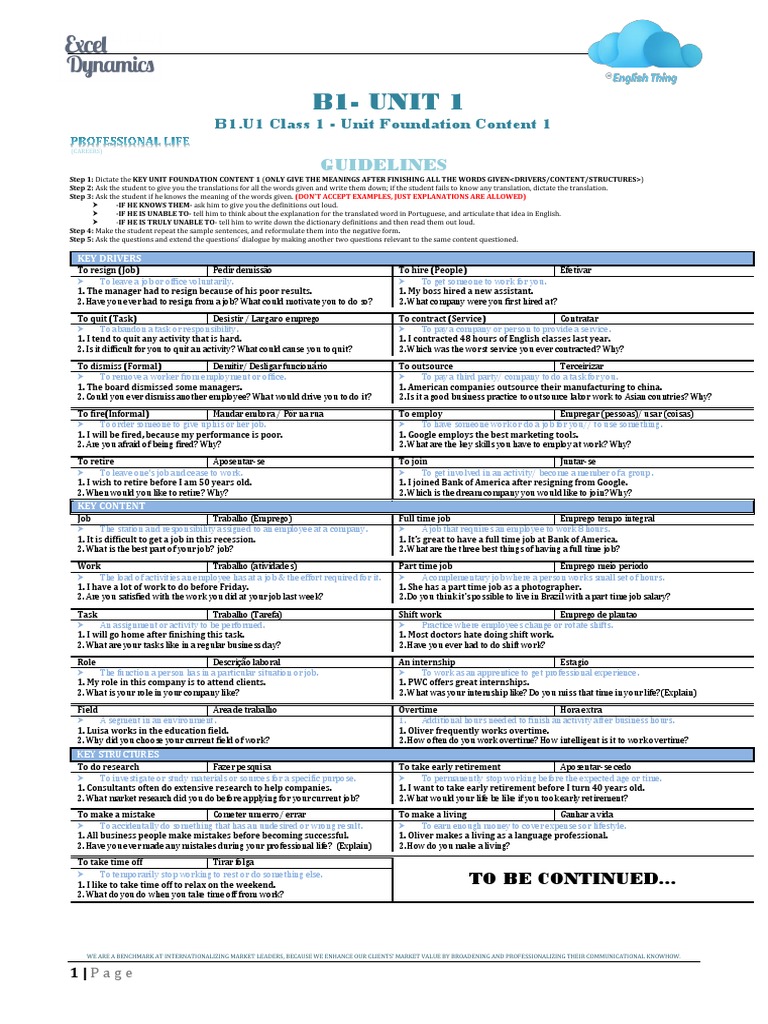 B1.U1 Class 1 - Unit Foundation Content 1 | PDF | Outsourcing | Employment