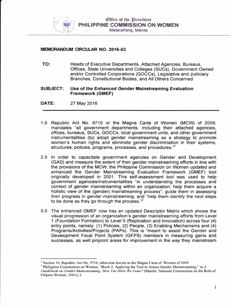 PCW MC 2016 03 Use of The Enhanced Gender Mainstreaming Evaluation ...