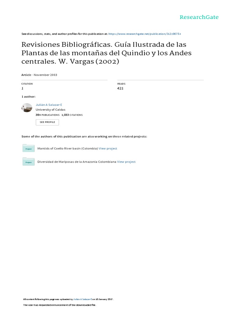 Revisiones Bibliográficas. Guía Ilustrada de Las Plantas de Las Montañas Del Quindio y Los Andes ...