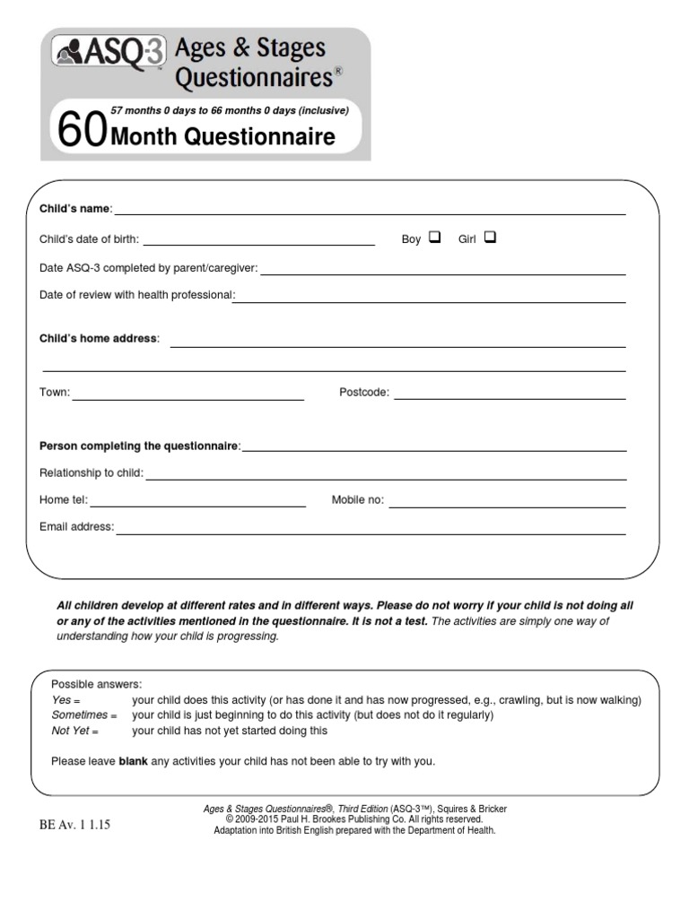 60 Month Questionnaire ASQ 3 BE Av. 1 1.15 | PDF