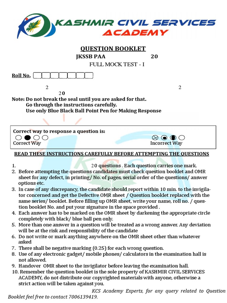 Question Booklet: JKSSB Paa Test Series 2020 Full Mock Test - I | PDF