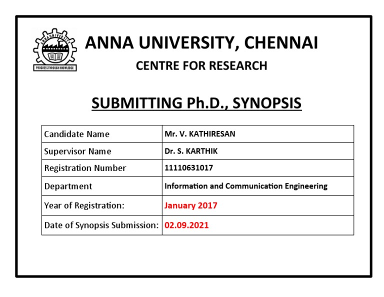 Anna University, Chennai: Submitting PH.D., Synopsis | PDF