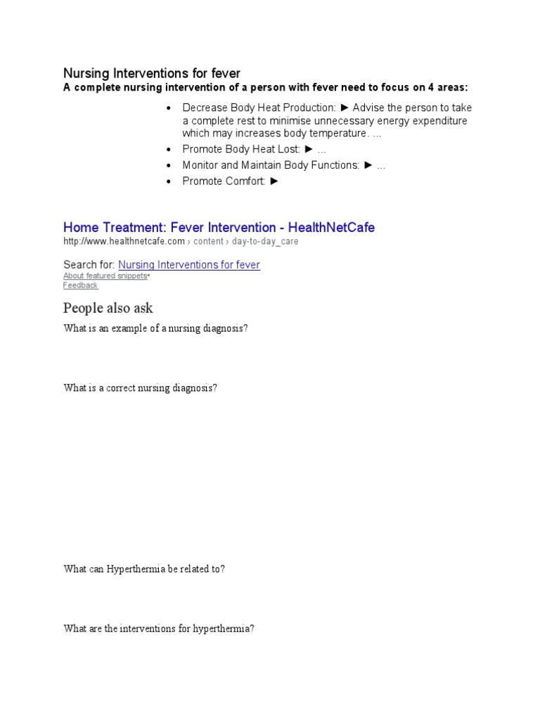Nursing Interventions For Fever | PDF | Fever | Hyperthermia