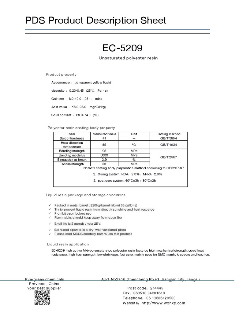 PDS Product Description Sheet: Unsaturated Polyester Resin | PDF | Liquids | Materials