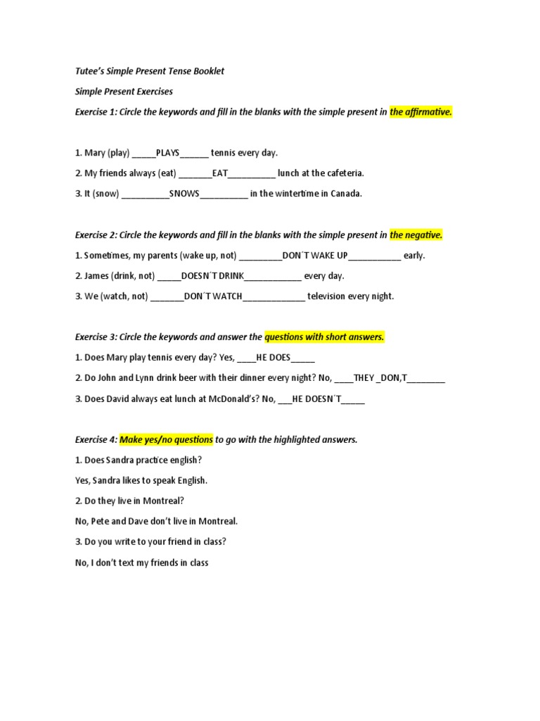 Simple Present Tense Exercises PDF | PDF | Linguistics | Food And Drink