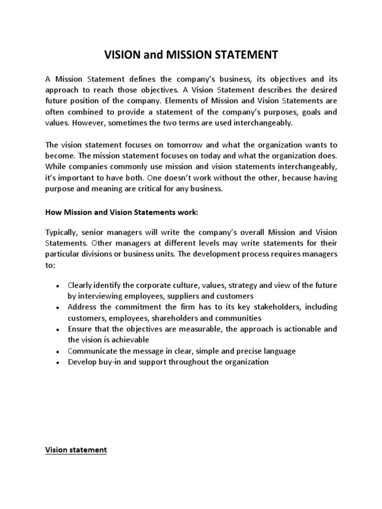 VISION and MISSION STATEMENT | PDF | Goal | Business