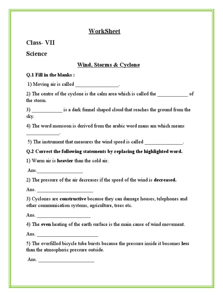 Worksheet Class-Vii Science: Wind, Storms & Cyclone | Download Free PDF ...