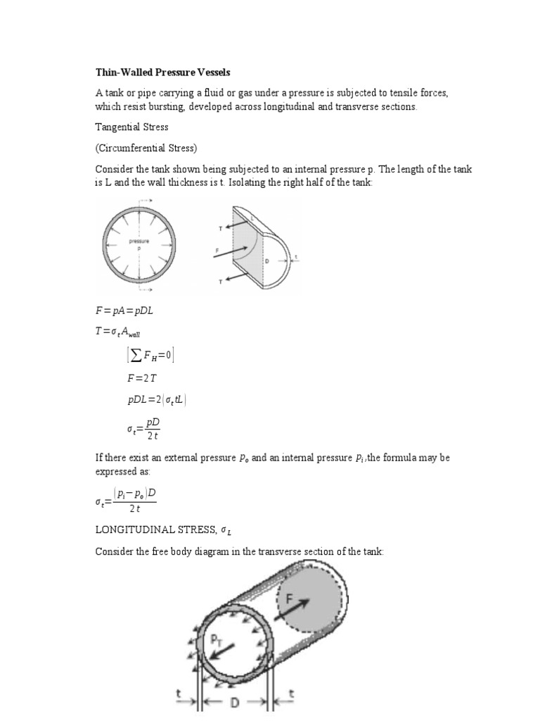 Thin-Walled Pressure Vessels: F= pA=pDL T=σ A F F=2 T pDL=2 σ tL σ pD ...