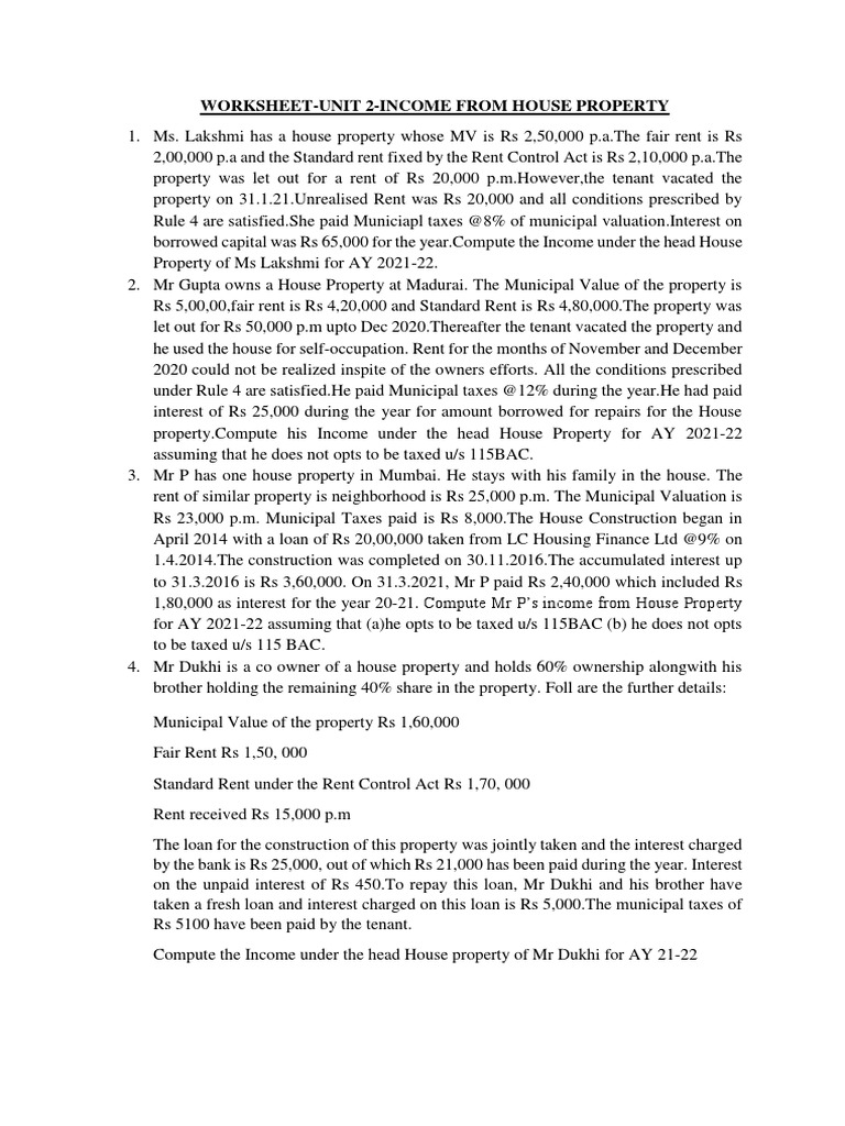 House Property - Worksheet | PDF | Interest | Loans