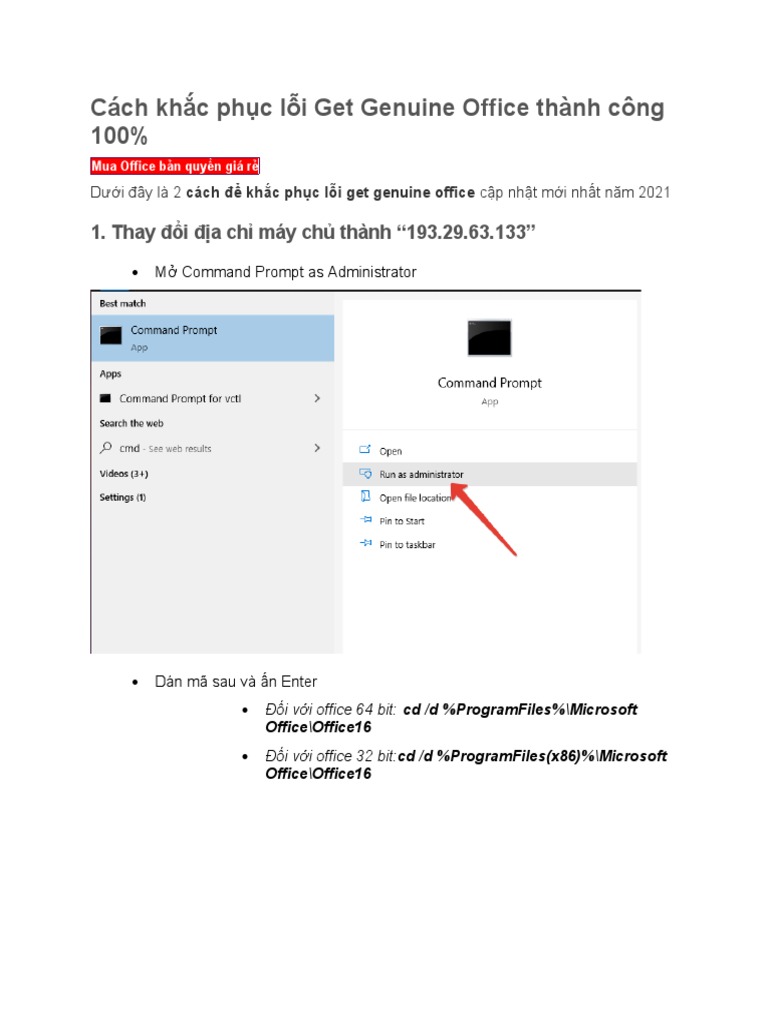 Cách khắc phục lỗi Get Genuine Office thành công 100% | PDF