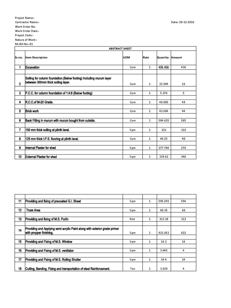 Abstract Sheet SR - No. Item Description UOM Rate Quantity Amount | PDF ...