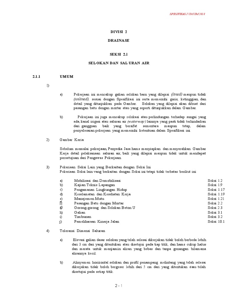 Spesifikasi Umum 2018 - Divisi 2 Drainase | PDF