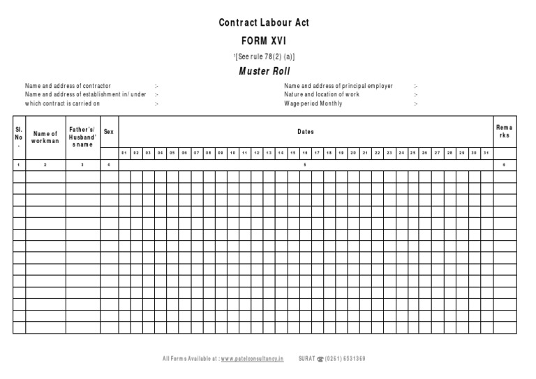 Muster Roll: Contract Labour Act Form Xvi | PDF