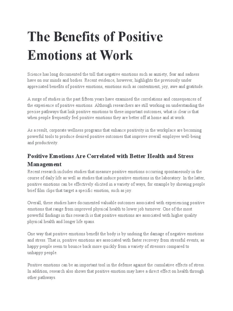 The Benefits of Positive Emotions at Work | PDF | Emotions | Job ...