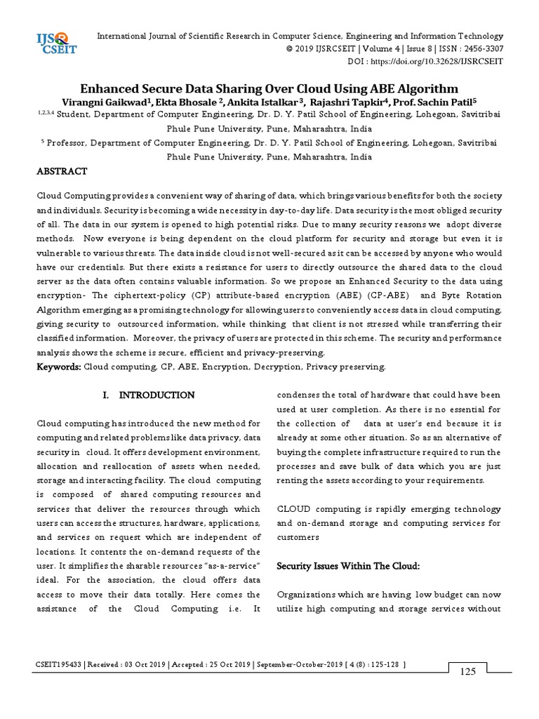 Enhanced Secure Data Sharing Over Cloud Using ABE Algorithm | PDF | Cloud Computing | Encryption