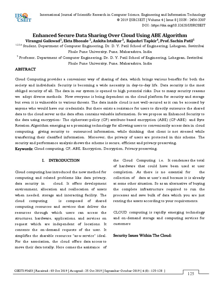 Enhanced Secure Data Sharing Over Cloud Using ABE Algorithm | PDF | Cloud Computing | Encryption