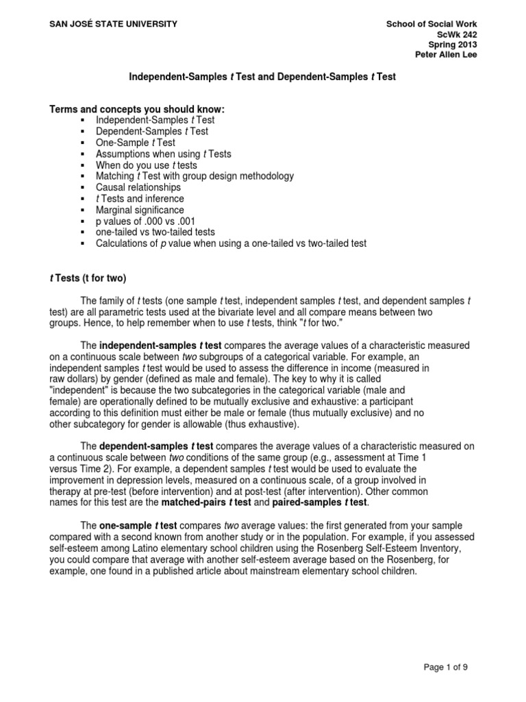 T-Test NOtes - Lecture | PDF | Student's T Test | P Value