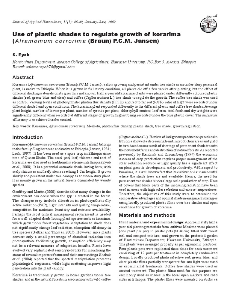 Use of Plastic Shades To Regulate Growth of Korarima | PDF | Plants | Trees
