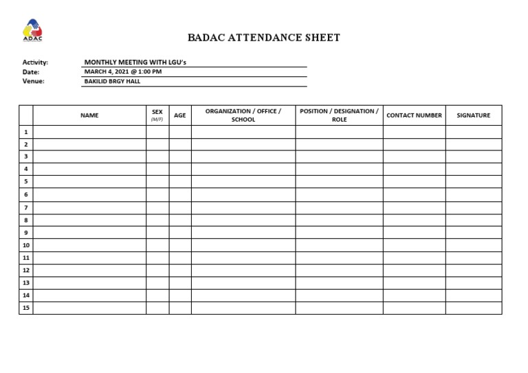 BADAC Monthly Meeting Attendance Sheet | PDF