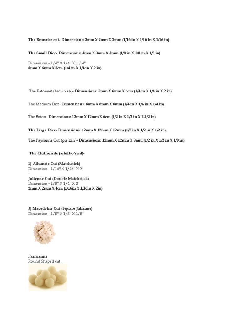 Guide to Common Vegetable Cuts & Dimensions | PDF