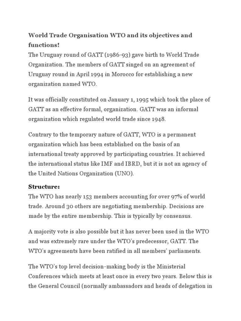 World Trade Organisation WTO and Its Objectives and Functions | PDF ...