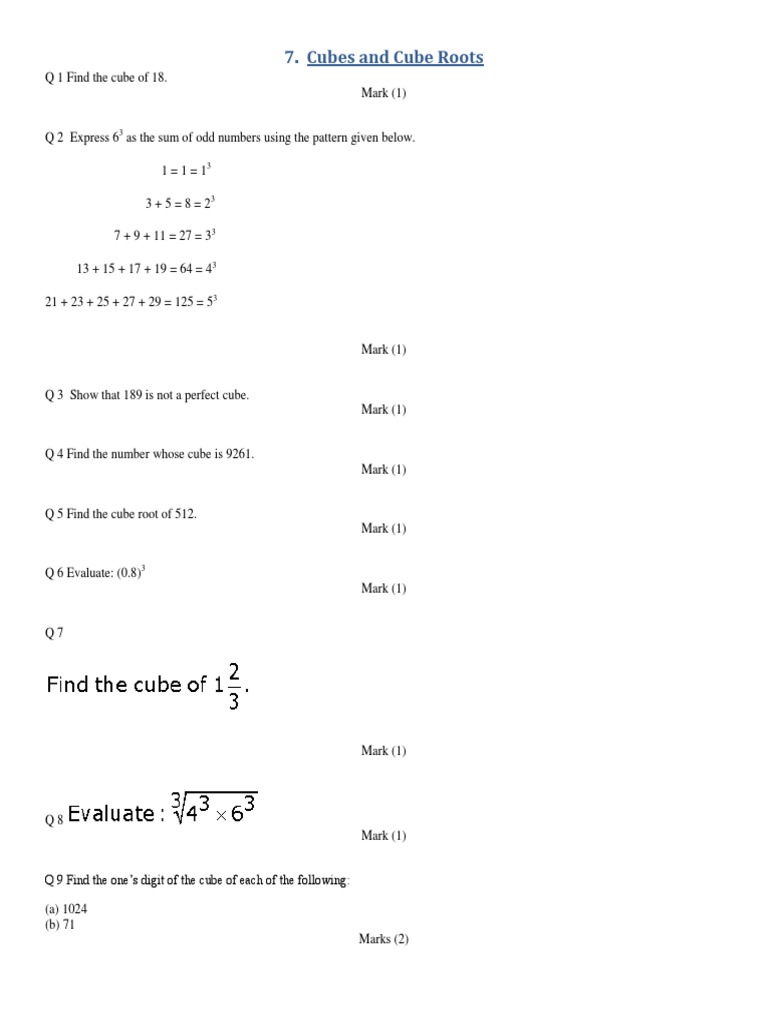 CBSE Class 8 Mathematics Worksheet - Cubes and Cube Roots | PDF ...