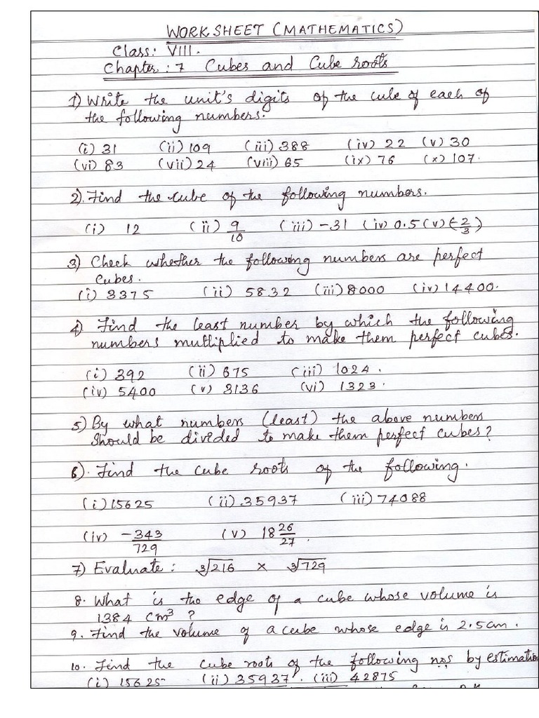 CBSE Class 8 Cubes and Cube Roots Worksheet | PDF