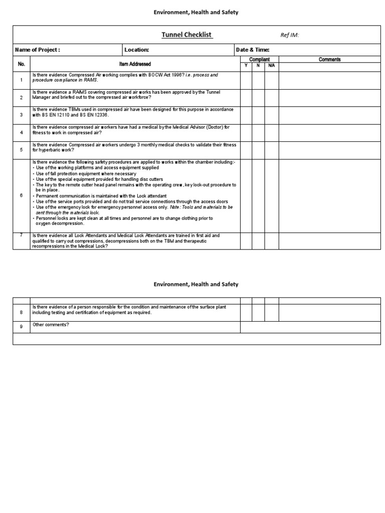 Tunnel Checklist: Environment, Health and Safety | PDF | Safety ...