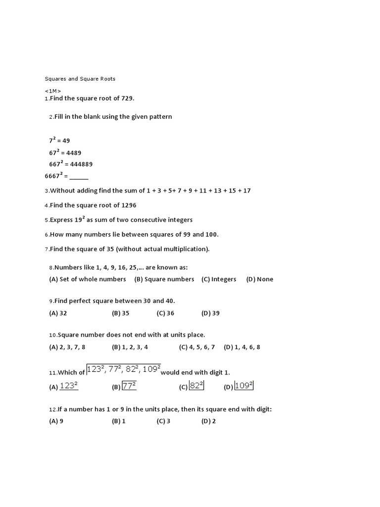 CBSE Class 8 Mathematics Worksheet - Square and Square Roots | PDF ... CBSE Class 8 Mathematics Worksheet - Square and Square Roots | PDF ...