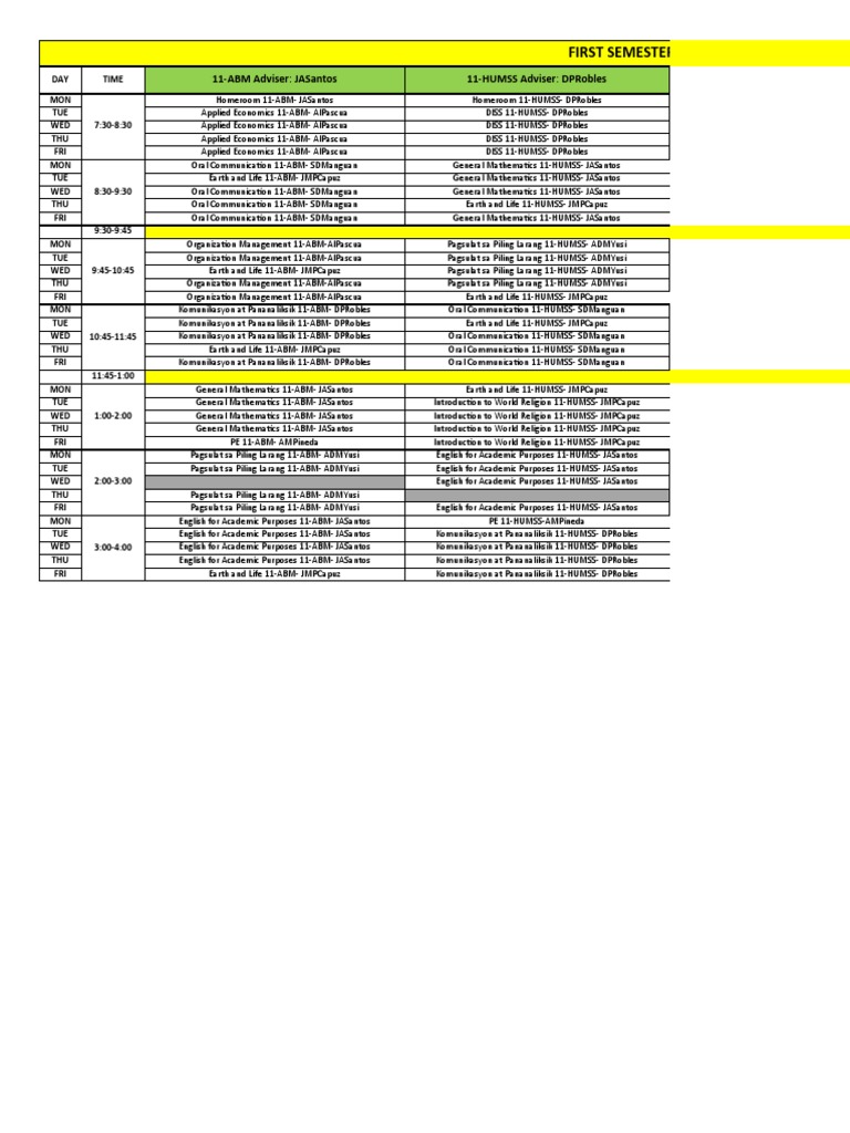Grade 11-12 ABM & HUMSS Class Schedule | PDF | Academic Term | Schools