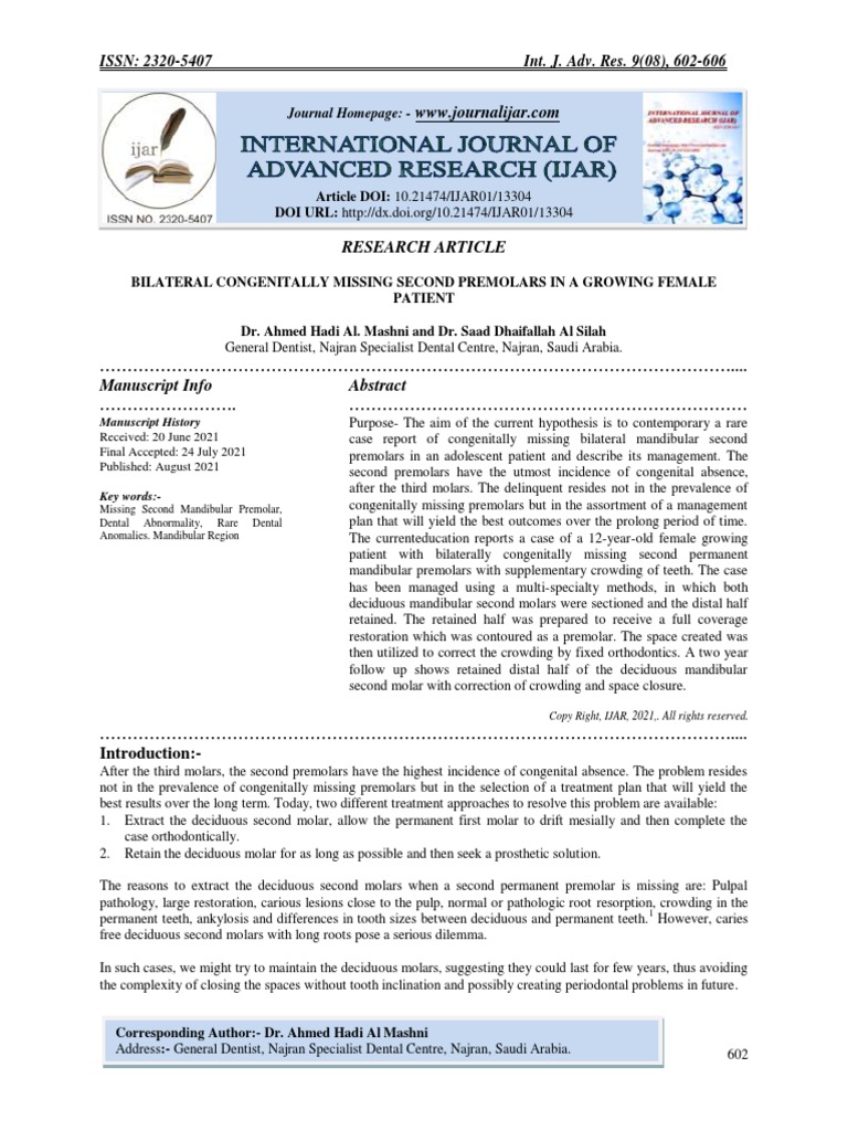 Managing Congenital Missing Premolars | PDF | Human Tooth | Dental Anatomy
