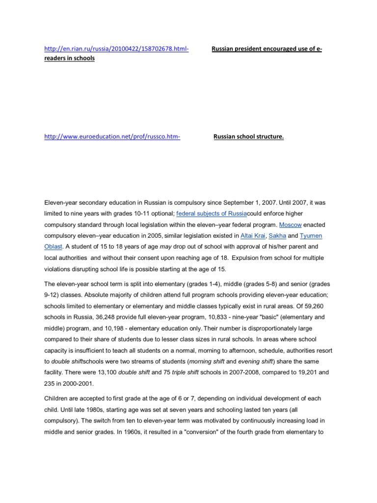Overview of Russian School System | PDF | Middle Schools | Primary ...