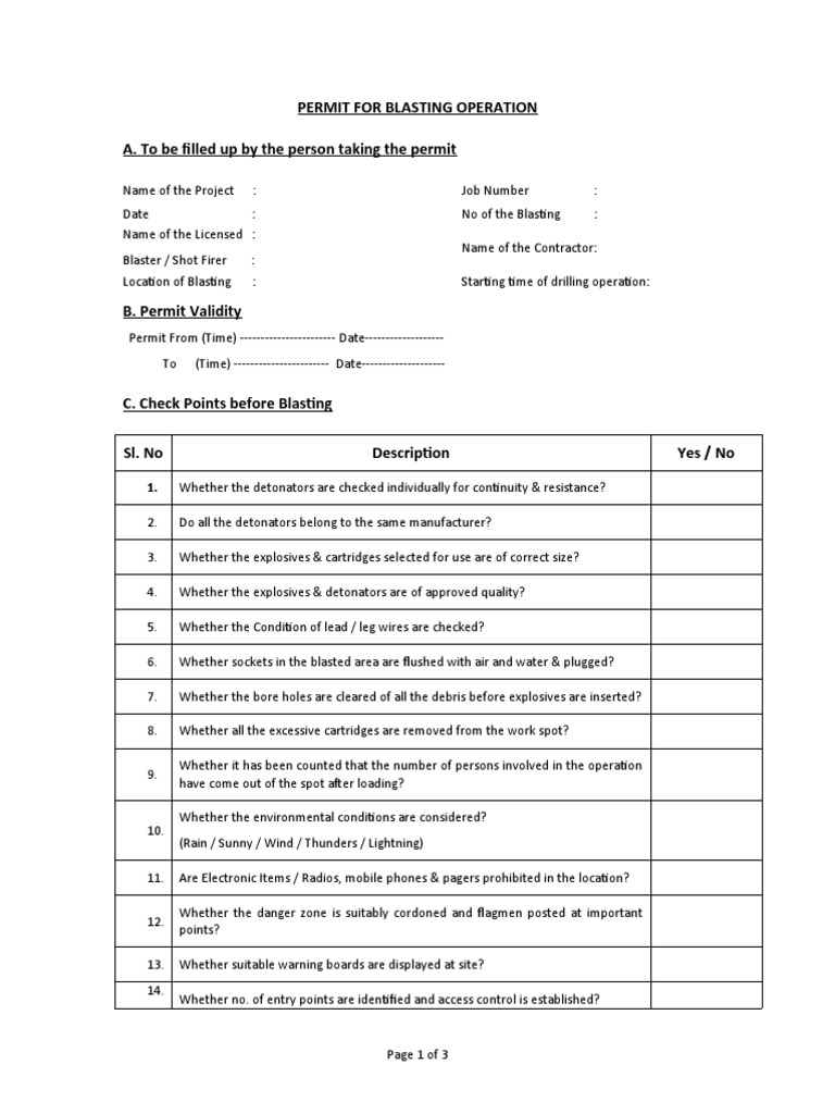 Permit For Blasting Operation A. To Be Filled Up by The Person Taking ...