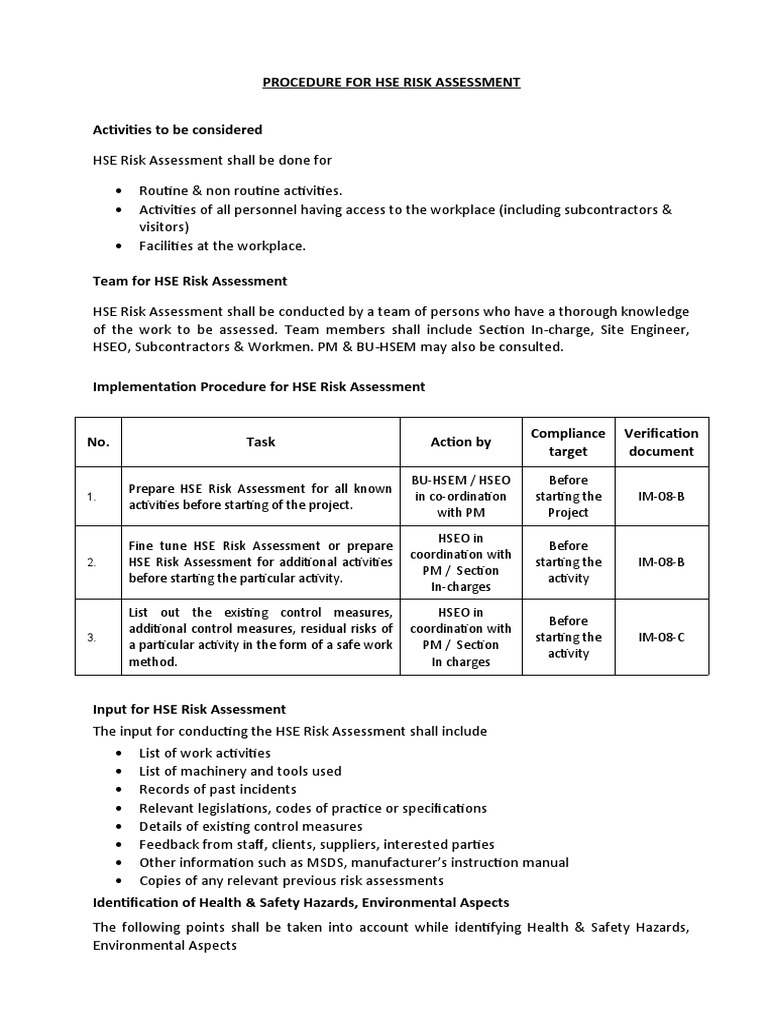 Procedure For HSE Risk Assessment | PDF | Hazards | Occupational Safety ...
