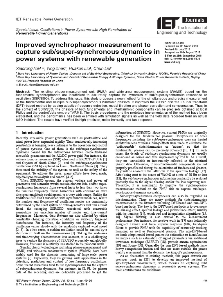 Improved Synchrophasor Measurement To Capture Sub/super-Synchronous Dynamics in Power Systems ...