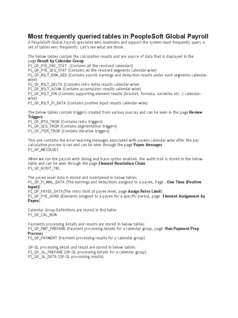 Most Frequently Queried Tables in PeopleSoft Global Payroll | PDF