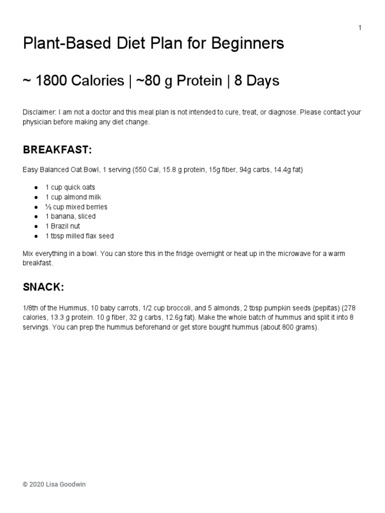 Plant-Based Diet Plan For Beginners | PDF | Lunch | Meal