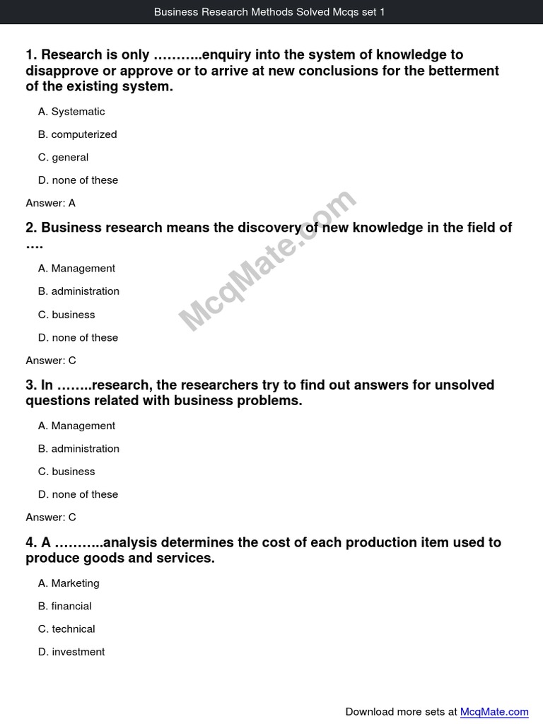 Business Research Methods Solved Mcqs Set 1 | PDF | Inductive Reasoning | Theory