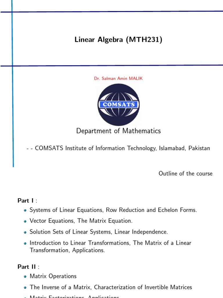 Linear Algebra PPT - 1 | PDF | Matrix (Mathematics) | System Of Linear ...