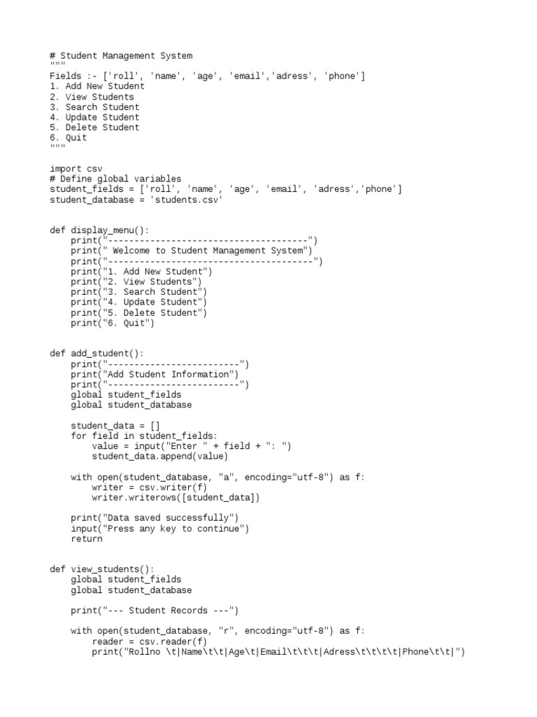 Student Management System Project Inpython | Download Free PDF | Comma Separated Values ...
