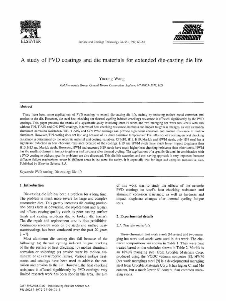 A Study of PVD Coatings and Die Materials For Extended Die-Casting Die ...