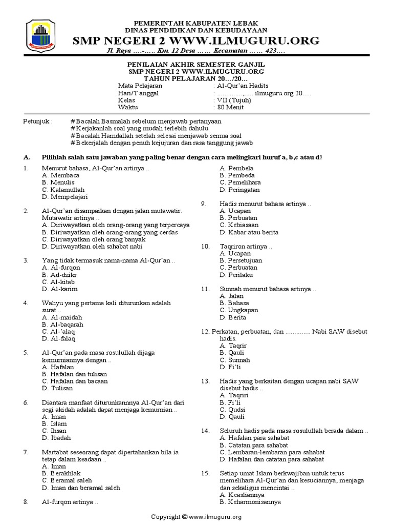 Ilmuguru - Org - Soal PAS Quran Hadits Kelas 7 Semester 1 Tahun 2020 | PDF | Agama & Spiritualitas